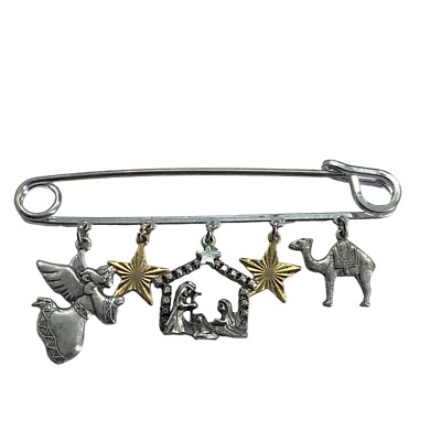 Christmas Nativity Pin Brooch 3" Long Silver Tone Jewelry Jesus Angels ...