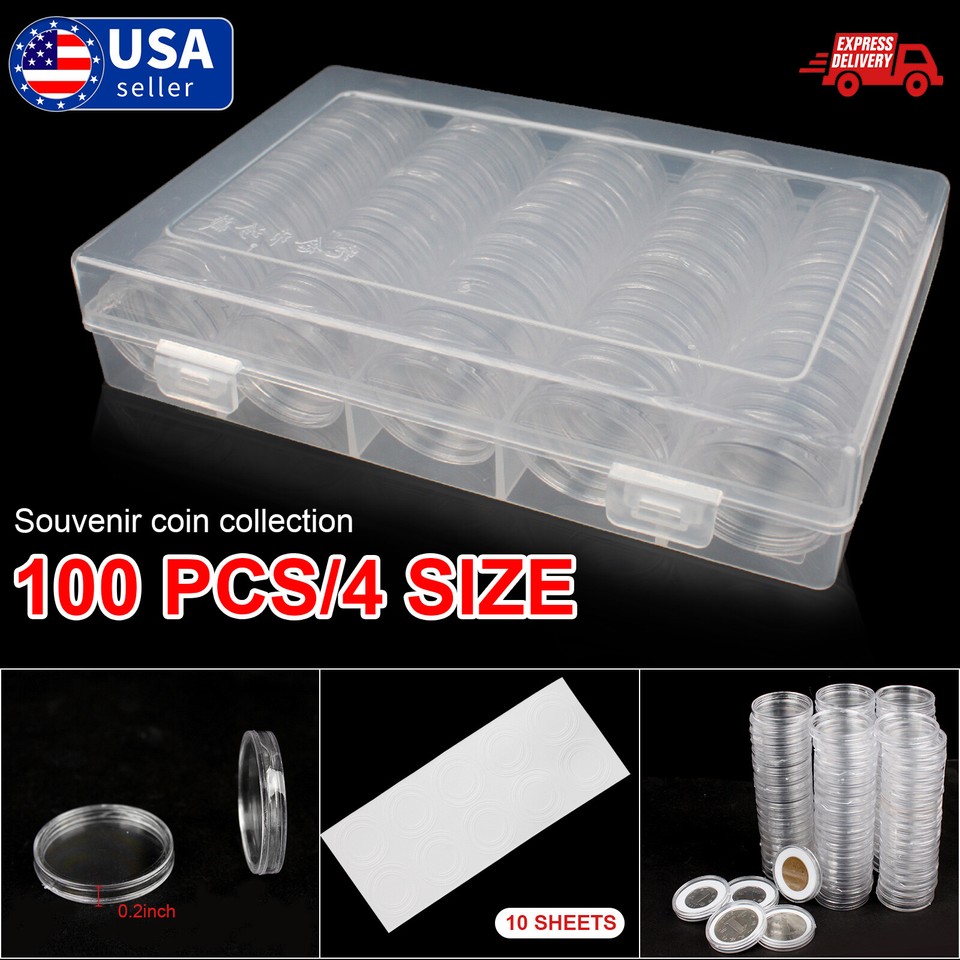100PCS 30mm Silver Gold Coin Cases Capsules Holder Clear Plastic Round ...