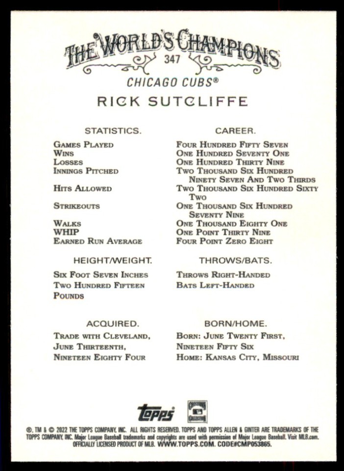 Rick Sutcliffe 2022 Allen & Ginter Topps High Number Short Print Card ...
