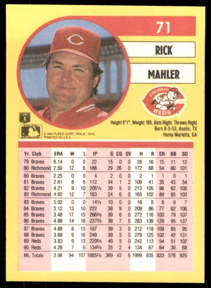 1991 FLEER RICK MAHLER CINCINNATI REDS #71 | eBay
