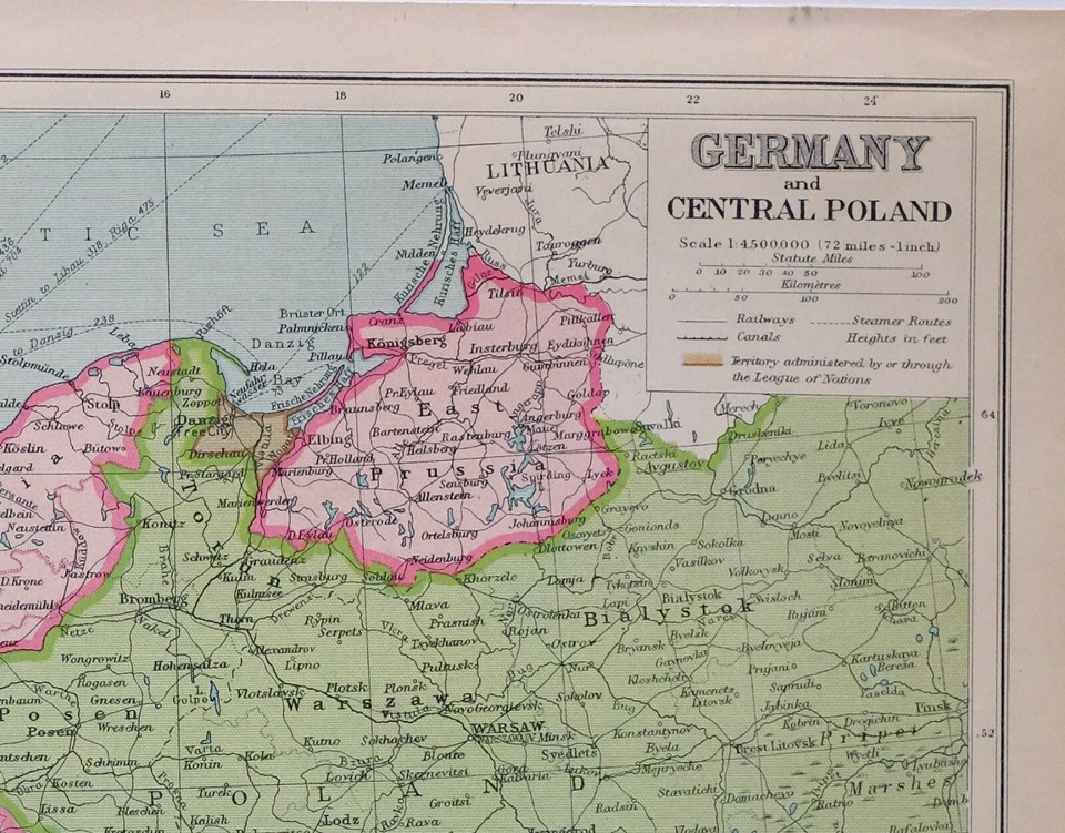 1934 MAP GERMANY CENTRAL POLAND POSEN PRUSSIA BERLIN THURINGIA BAVARIA ...