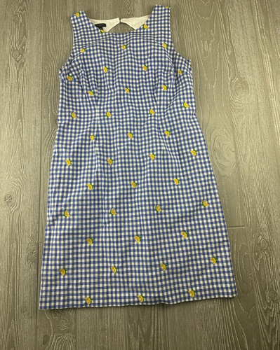 Talbots Blue/White Gingham Lemon Allover Print Shift Knee Length Dress ...