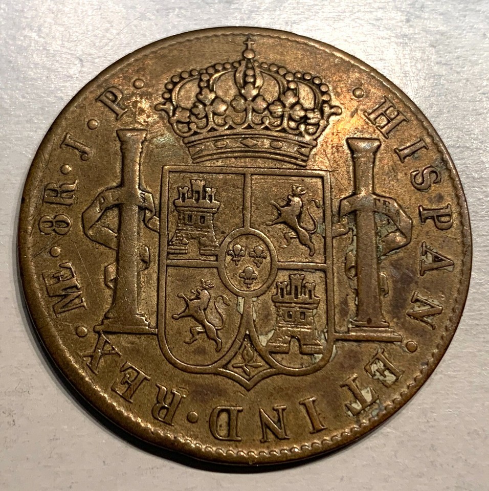 BUTTON MADE AS COLONIAL SPAIN PERU BRONZE 8 REALES 1805 BUTTON COIN #2 ...