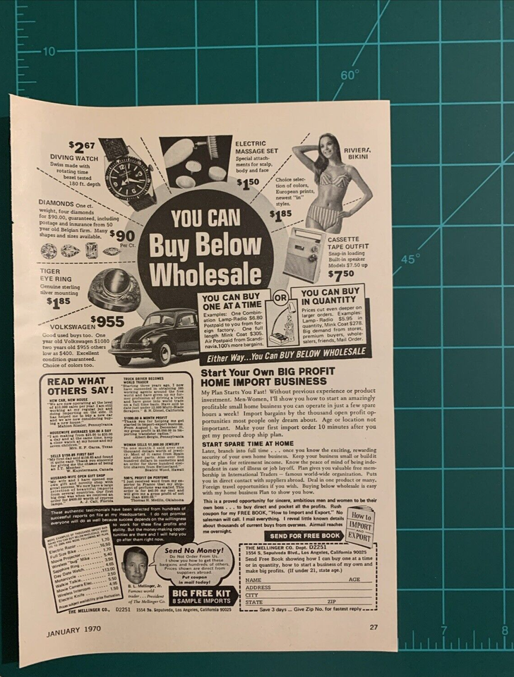 1970 Mellinger VW Beetle 'Buy Below Wholesale' Print Ad Los Angeles CA ...