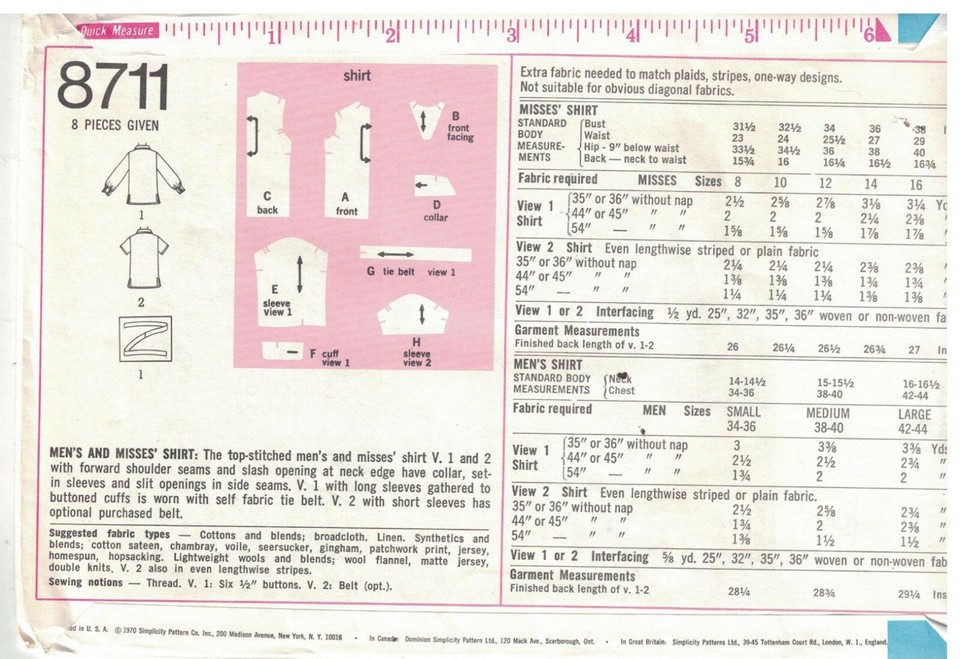 8711 Vintage Simplicity SEWING Pattern Misses Top Stitched Shirt 1970s ...