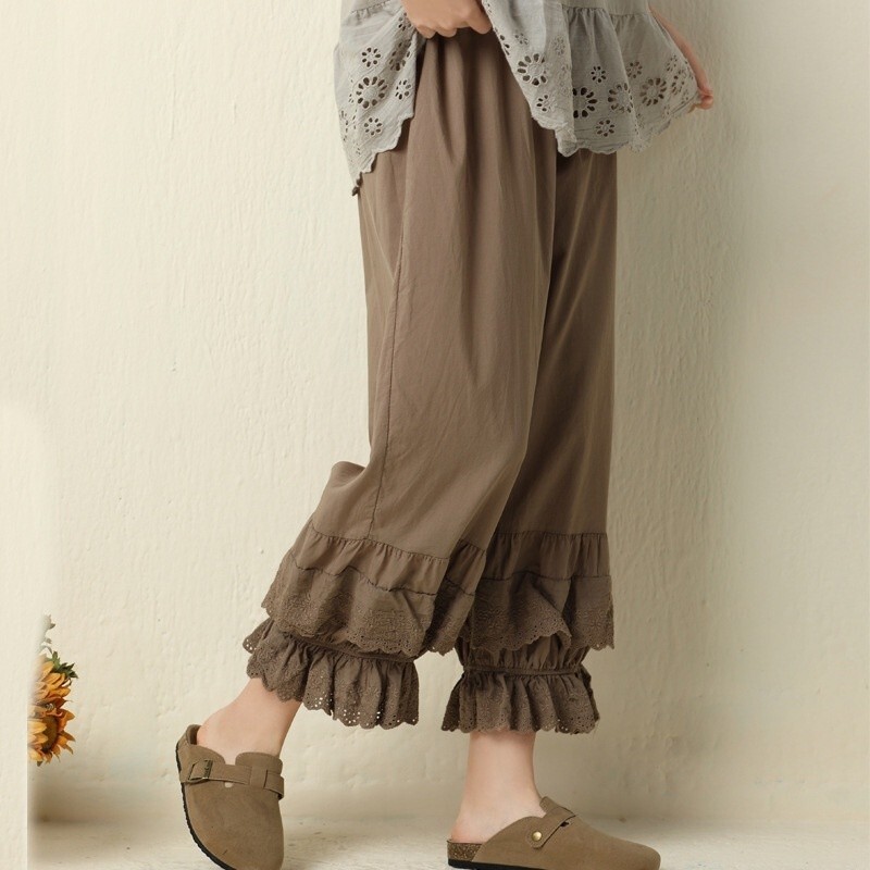 Japanese women Mori girl sweet embroidery wide-leg pants casual ...