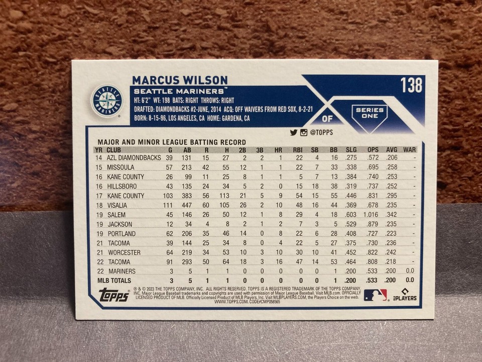 2023 Topps #138 Marcus Wilson Baseball Card Seattle Mariners Rookie RC ...