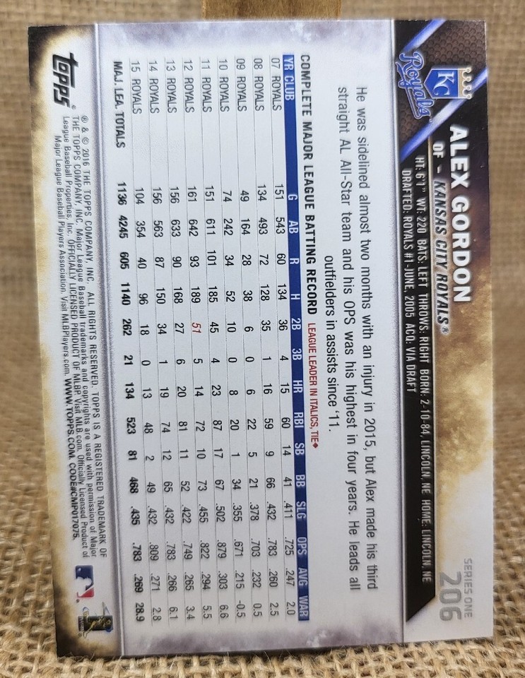 2016 Topps Series 1 Alex Gordon Baseball Card #206 Royals FREE S&H A8 ...