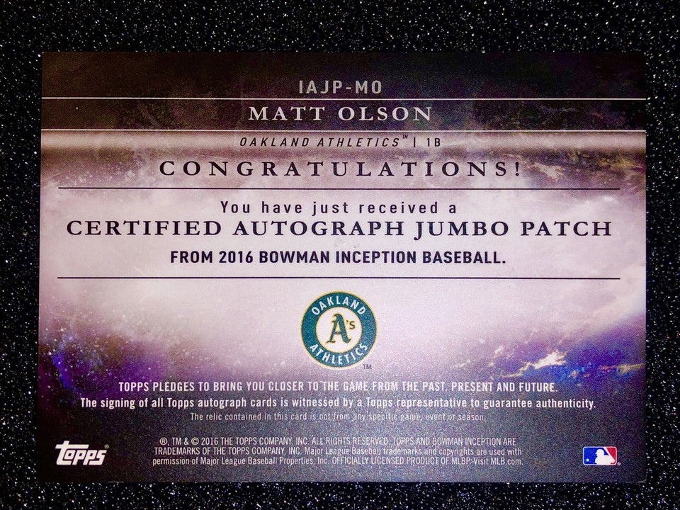 Matt Olson Autograph /25 2016 Bowman Inception Auto Game Used Jersey ...