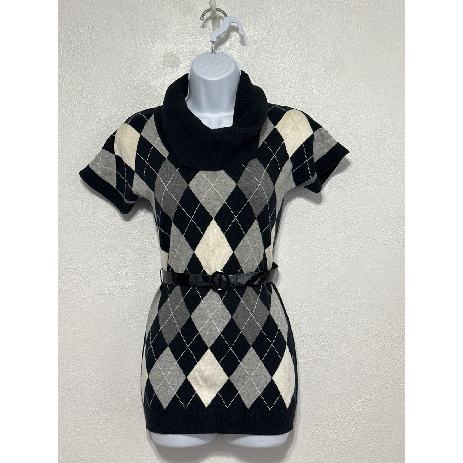 VTG Y2K Body Central Classic Argyle Cowl Neck Tunic Sweater S Black Preppy City | eBay