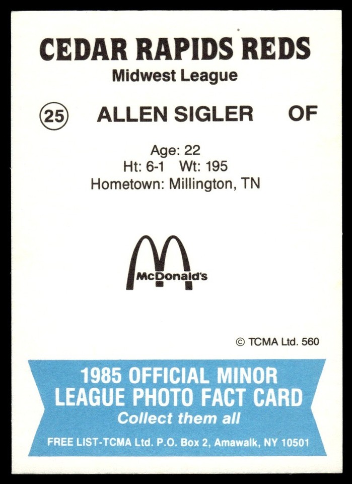 1985 TCMA Cedar Rapids Reds Allen Sigler Cedar Rapids Reds #25 | eBay