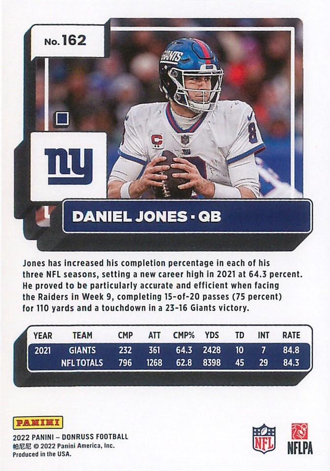 Daniel Jones 2022 Panini Donruss Football NFL Base Card #162 New York ...