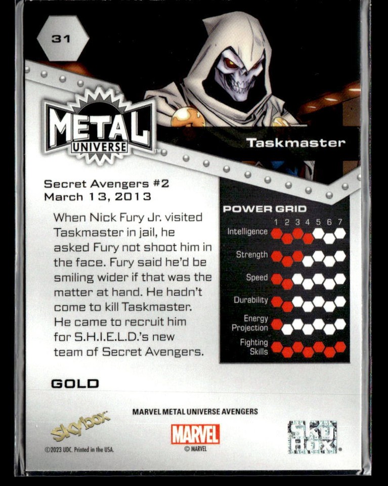 2024 SkyBox Metal Universe Marvel Avengers #31 Taskmaster Gold FX Card ...