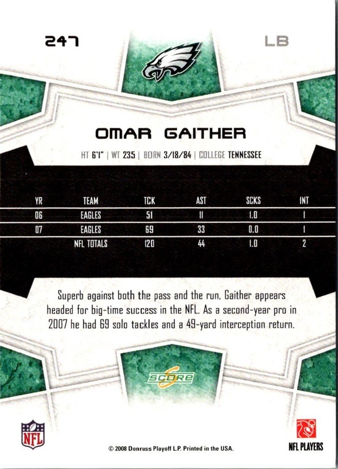 2008 Score Super Bowl XLIII Omar Gaither #247 Philadelphia Eagles ...