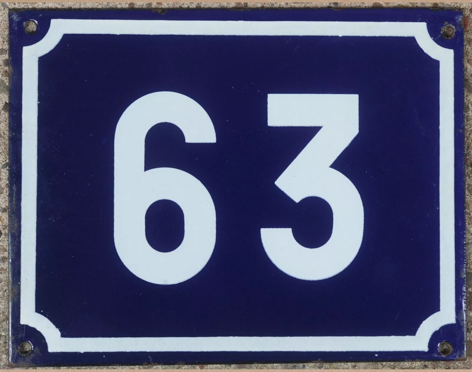 Large old blue French house number 63 door gate plate plaque enamel ...