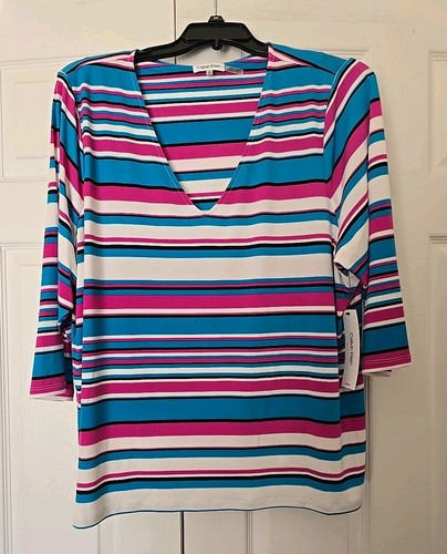 Calvin Klein Women's Sz 2X Multi-Color Striped Top V-Neck Soft 3/4 ...