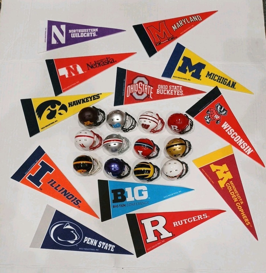Big 10 FOOTBALL 12 Mini Helmets Riddell 2” Pocket Pro And 12 Pennants ...