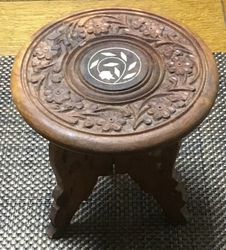 Vintage Small Round Wood Carved Inlaid Table With Collapsible Legs | eBay