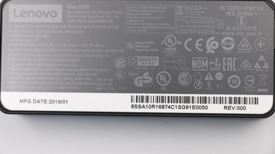 LENOVO 02DL128 20V 3.25A 65W Genuine Original AC Power Adapter Charger ...