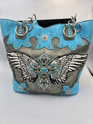 COWGIRL TRENDY CONCEAL CARRY PURSE TEAL RHINESTONE CROSS BAG LARGE | eBay