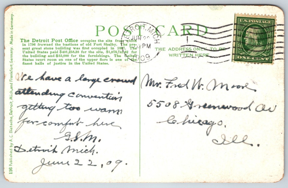 Postcard The Detroit Post Office, Detroit Michigan Posted 1909 | eBay