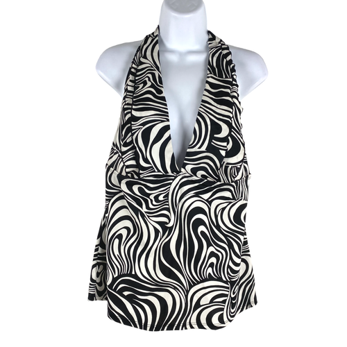 Longitude Tankini Swim Top Large Black White Print Halter V-Neck SW ...