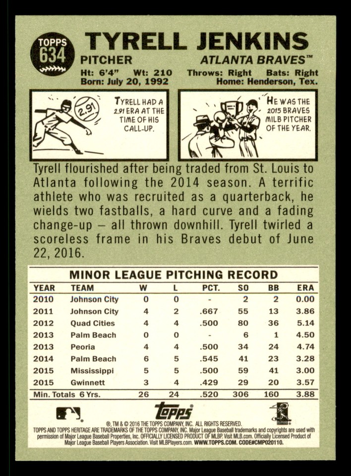 2016 Topps Heritage Tyrell Jenkins #634 Rookie Atlanta Braves Baseball ...