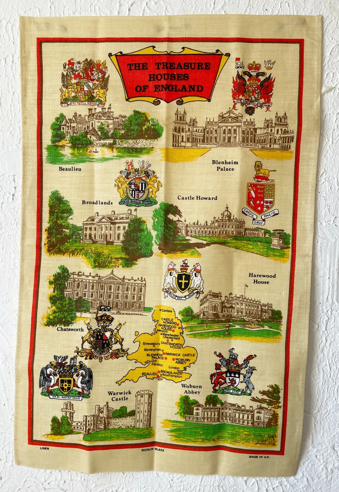The Treasure Houses of England Souvenir Map Linen Tea Towel Wall ...