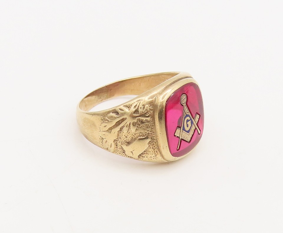 A & C 10K GOLD Vintage Red Stone Freemason Symbols Antique Ring Sz 11 ...
