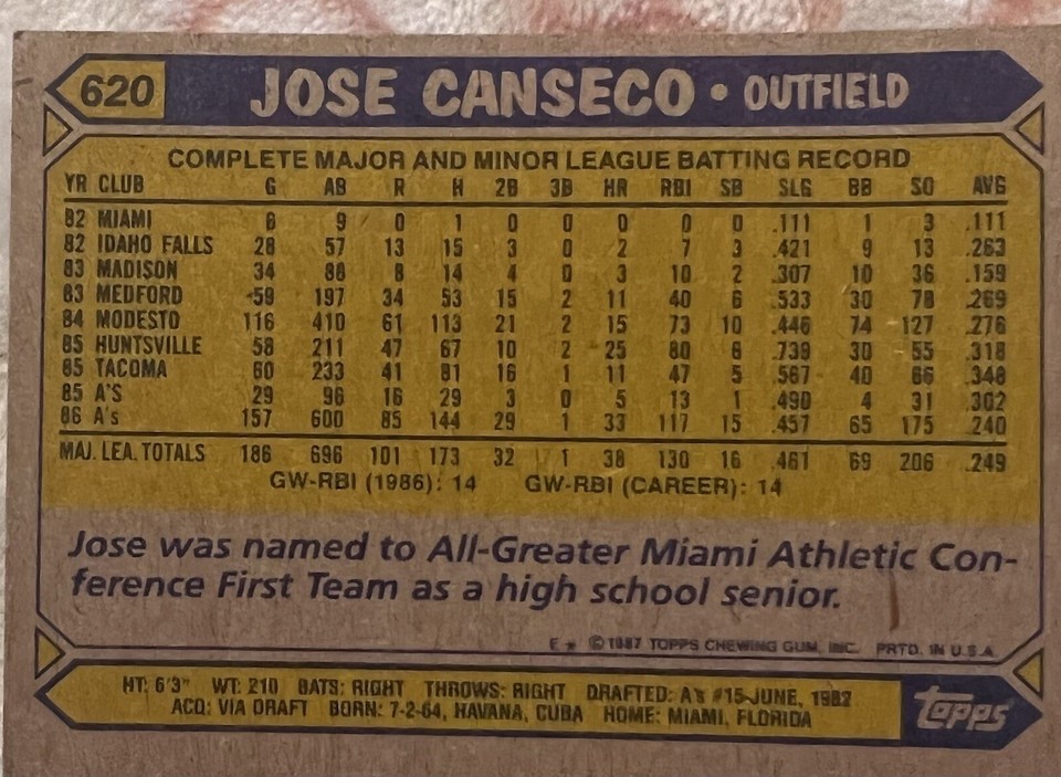 🔥1987 Topps Baseball Card # 620 Jose Canseco, ALL-STAR ROOKIE. Multi ...