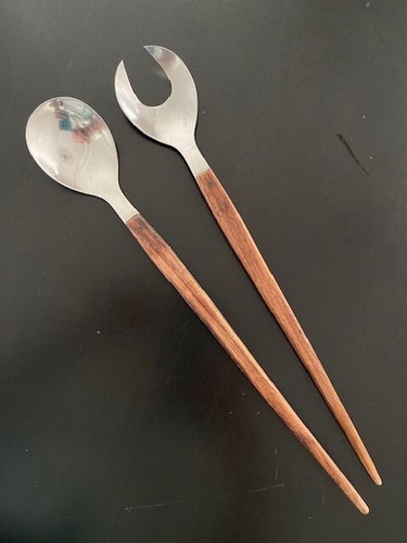 Vintage Singed W.W Long Teak Wood Handles Salad Serving Fork Spoon 12 ...