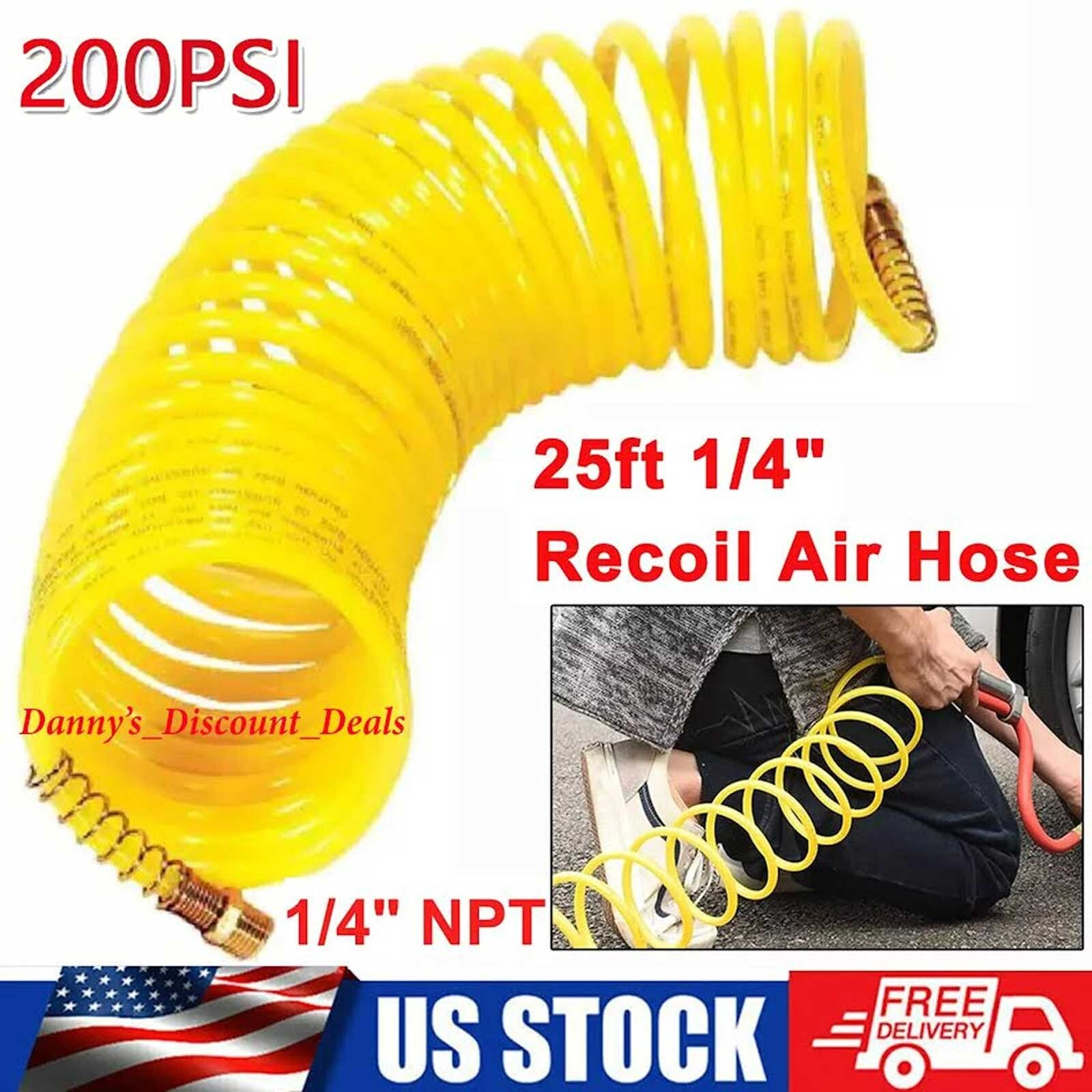 25ft 1/4" Recoil Air Hose Re Coil Spring Ends Pneumatic Compressor ...