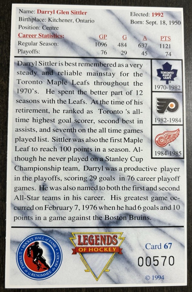 DARRYL SITTLER Autographed Legends of Hockey Hall Of Fame Postcard ...