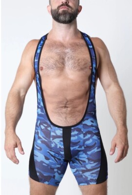 Cellblock 13 Ajax Wrestling Singlet Low Cut Mesh Blue Camo Large L | eBay