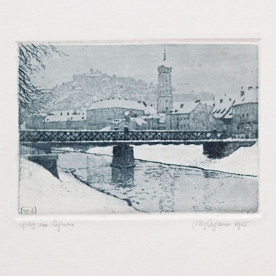 Max von Scherer Graz Albrechtsbrücke Mur Schlossberg Radierung in Blau ...