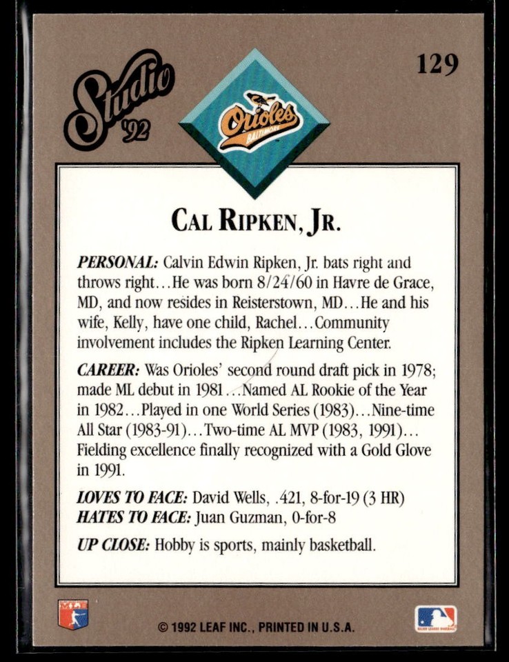1992 Studio #129 Cal Ripken, Jr. Baseball Card 2902K | eBay