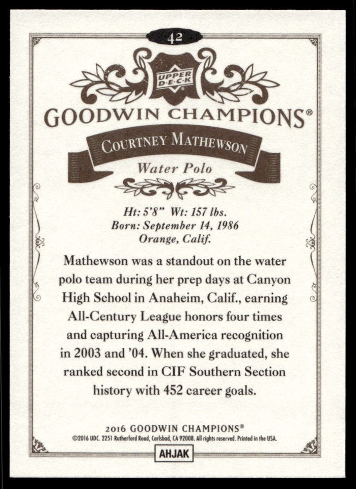 2016 Goodwin Champions 42 Courtney Mathewson Water Polo Card | eBay