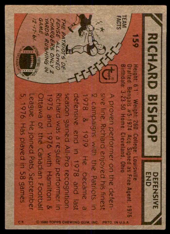 1980 TOPPS RICHARD BISHOP ROOKIE NEW ENGLAND PATRIOTS #159. | eBay