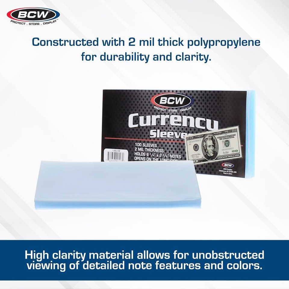 100 BCW Soft Banknote Sleeves For Modern US Dollar Bill / World ...