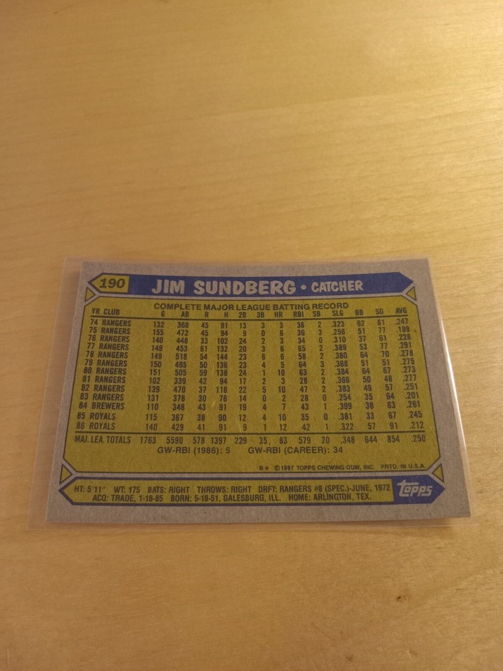 1987 Topps #190 JIM SUNDBERG Kansas City Royals Baseball Card, Catcher ...