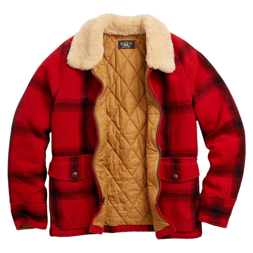 RRL by Ralph Lauren Shearling-Collar Plaid Wool Jacket Red / Black ...