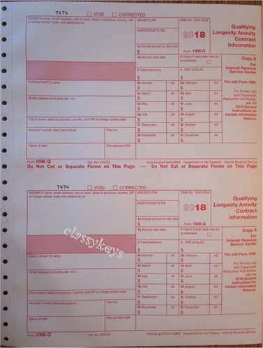 2018 IRS Tax Form 1098-Q single sheet set for 2 participants ...