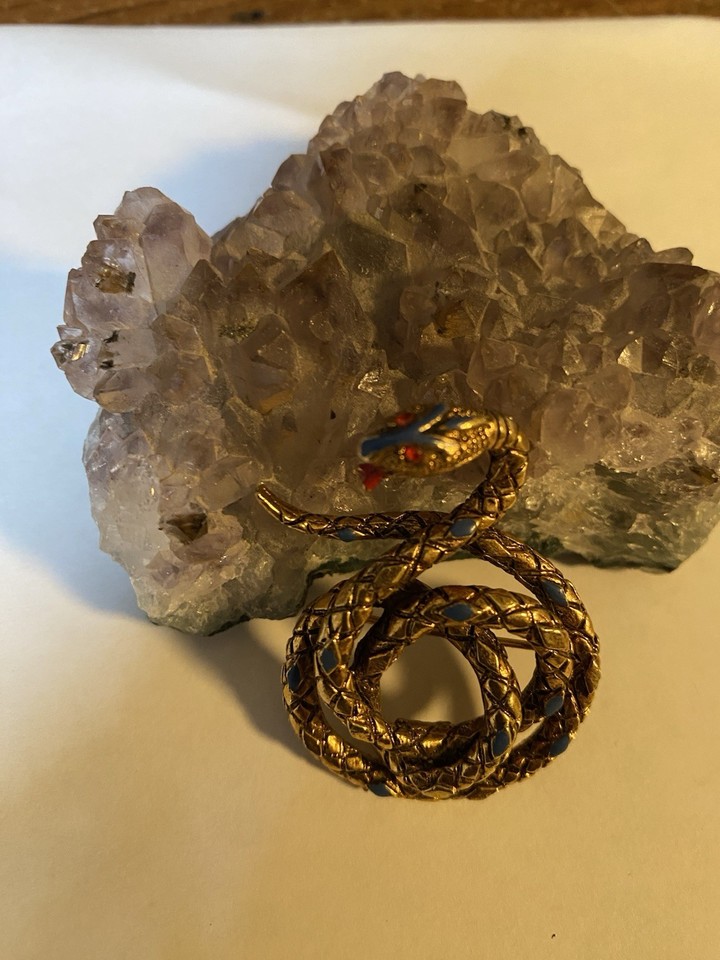 Vintage Signed Art Coiled Snake Brooch-red Eyes & Tongue-Blue Markings ...