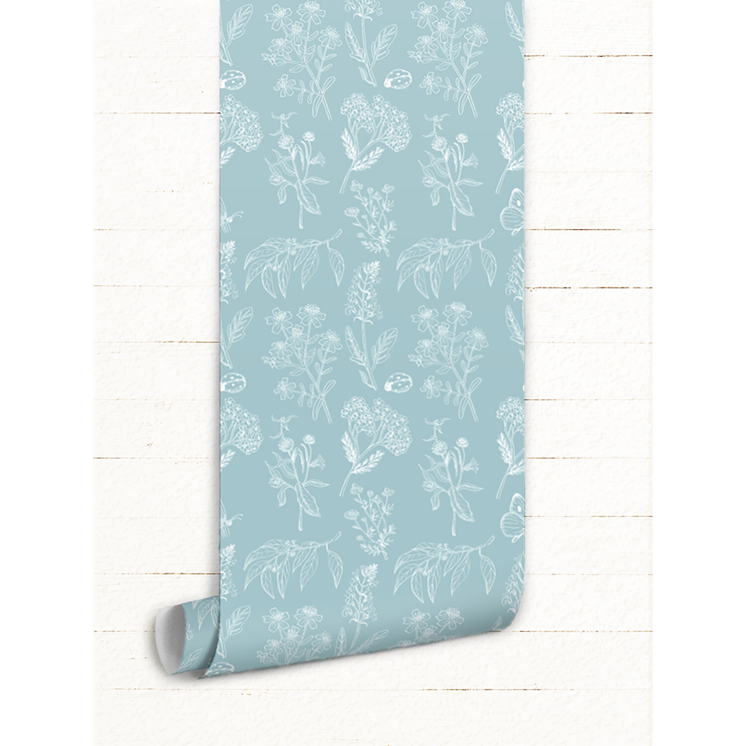 Floral white contour blue Home wall mural Traditional Non-woven ...