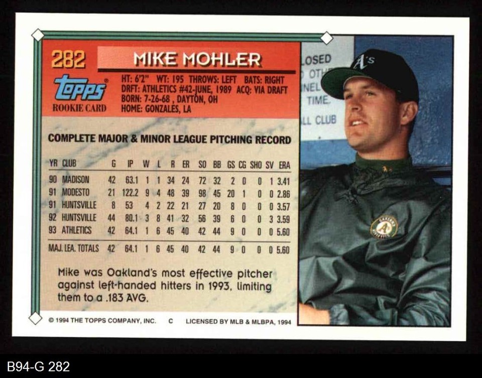 1994 Topps #282 Mike Mohler Athletics 8 - NM/MT | eBay