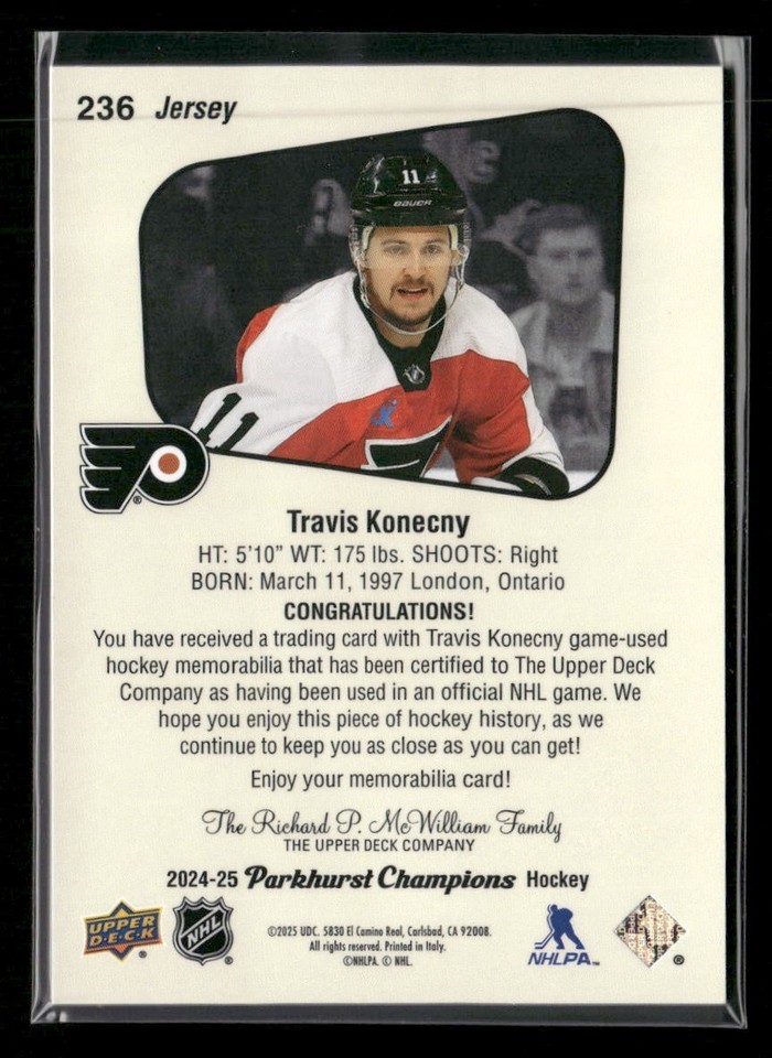 2024-25 Upper Deck Parkhurst Champions Jersey Patch Travis Konecny #236 ...