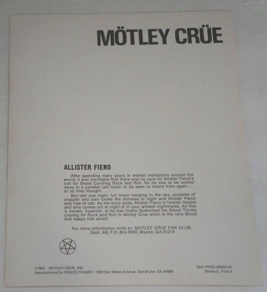 Vintage Authentic Official Genuine 1984 MOTLEY CRUE ALLISTER FIEND 8x10 ...