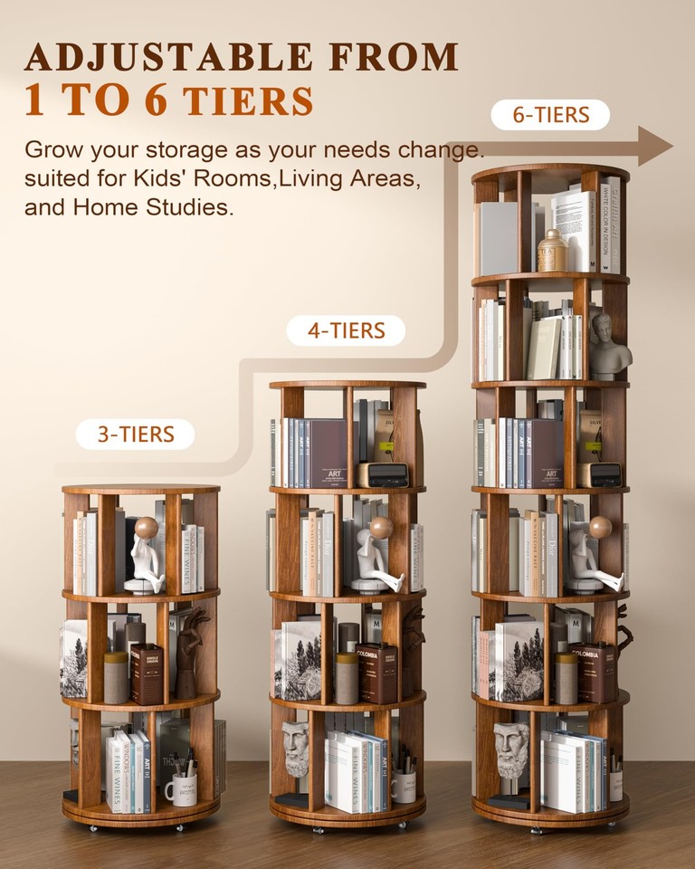 6 Tier Solid Wood Rotating Bookshelf on Wheels, 360° Spinning Book ...