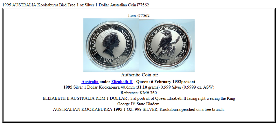 1995 AUSTRALIA Kookaburra Bird Tree 1 oz Silver 1 Dollar Australian ...