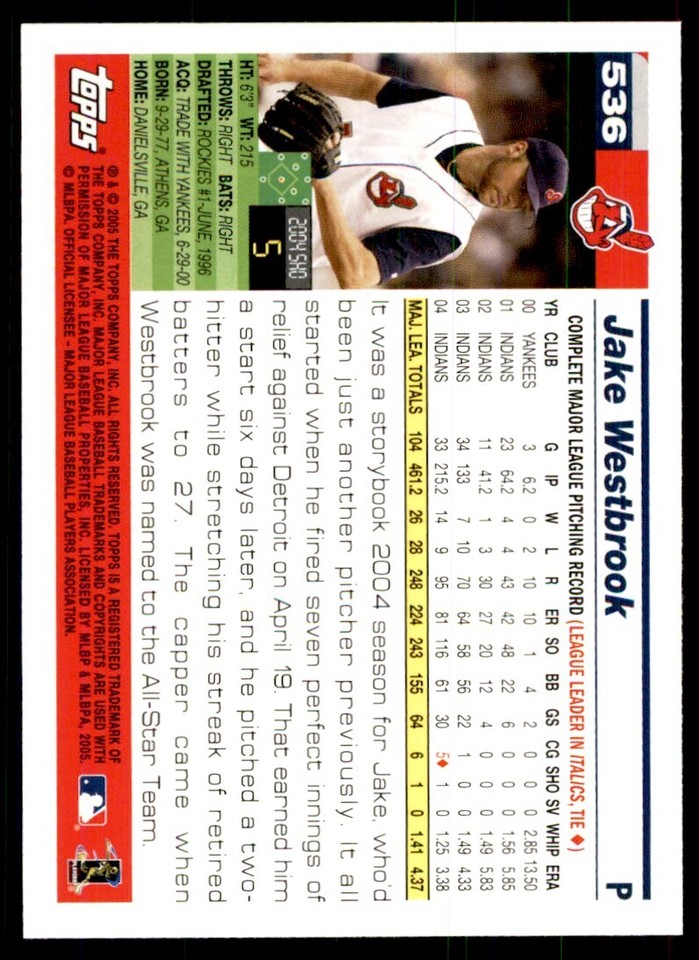 2005 Topps Jake Westbrook Baseball Cards #536 | eBay